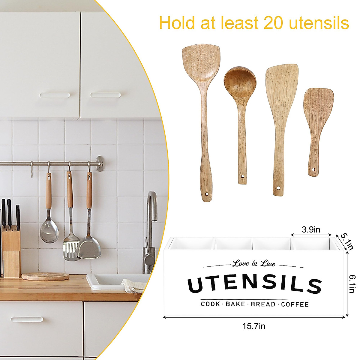 AiMQnLe Extra Large Utensil Holder - 4 Compartments Kitchen Utnesil Organizer, Wooden Cooking Utensil Crock for Kitchen Countertop, Kitchen Counter Decor (White