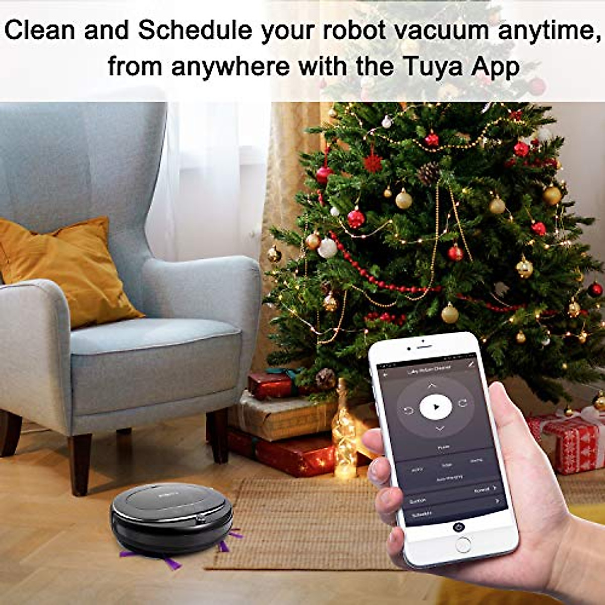 Luby Robot Vacuum Cleaner, Vacuum and Mop Robotic Vacuum Cleaner, Wi-Fi Connectivity, Self-Charging, Super-Thin, Quiet, Cleans for Pet Hair, Hard Floors, Low-Pile Carpets, Black