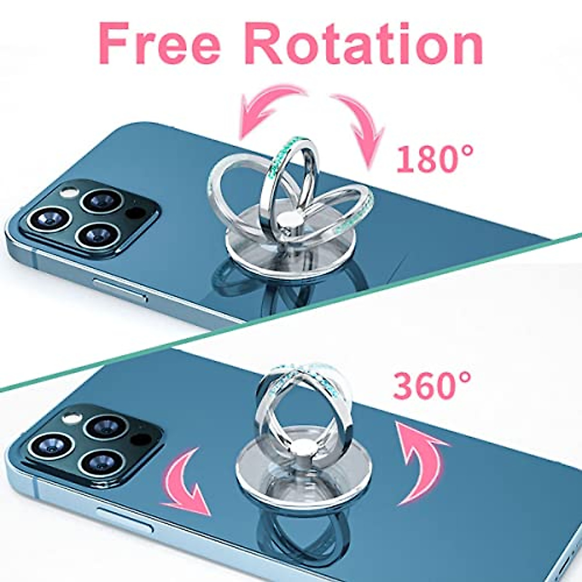4 Pcs KutumyQC Cell Phone Ring Holder Stand Diamond Transparent Finger Grip Clear 360° Degree Rotation Kickstand Compatible iPhones and All Phones (Silver Pink Blue Aquamarine)