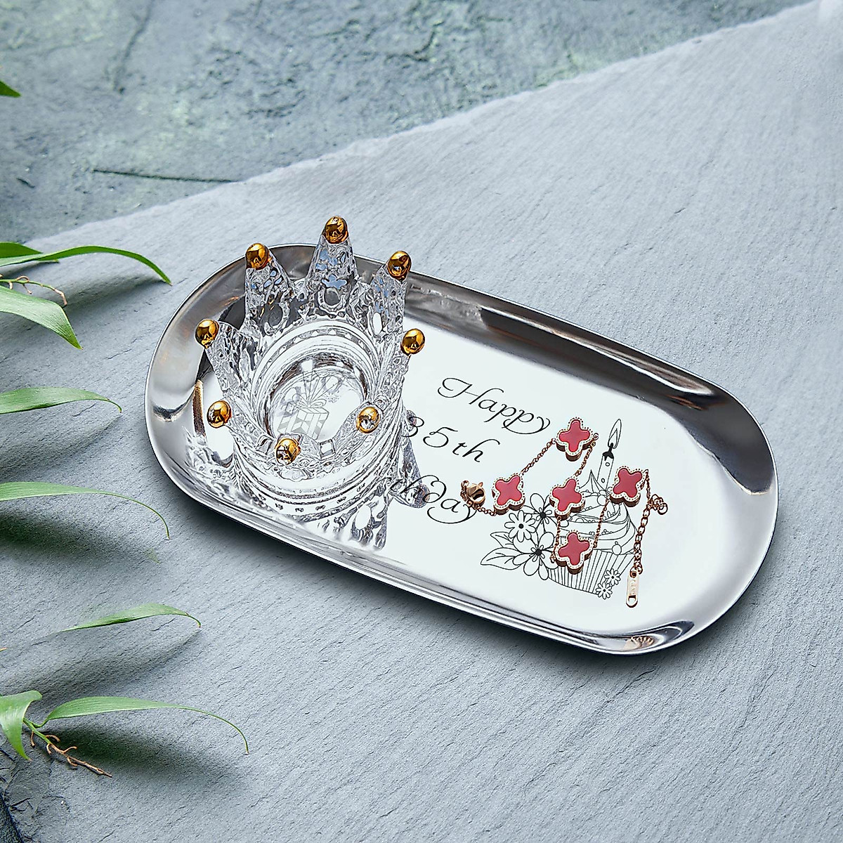 VWALK Happy 35th Birthday Decorations Stainless Steel Jewelry Tray Gifts Laser Engraved Round Shape Dish Personalized Birthday Gifts for Daughter Sister Niece Friends
