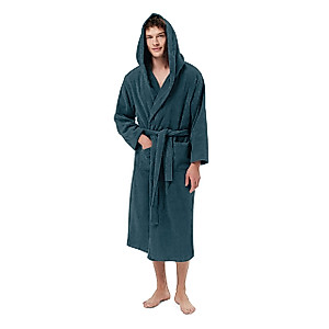 SIORO Terry Cloth Robes for Men Cotton Towel Hooded Bathrobe Long Bath Big & Tall Loungewear Bathroom Swimming Pool Bath Fluffy House Coat, Ink Blue X-Large