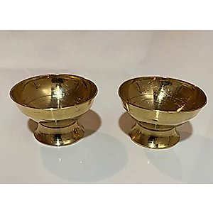 Family Cart Small Pure Brass Bowl Pyali Katori | Brass Roli Bowl | Chandan Katori with Base, Set of 2 Pieces for Religious Spiritual Diwali Navratri Laxmi Poojan - (Curved Shinee Design Gold Color)