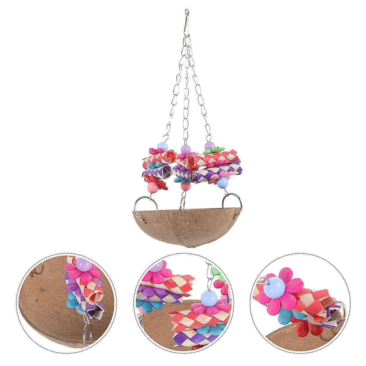 Bird Hammock Coconut Shell Hamster Nest Parrot Cage with Chain Charm and Fake Flower for Pet Hanging Bed (5x11”)