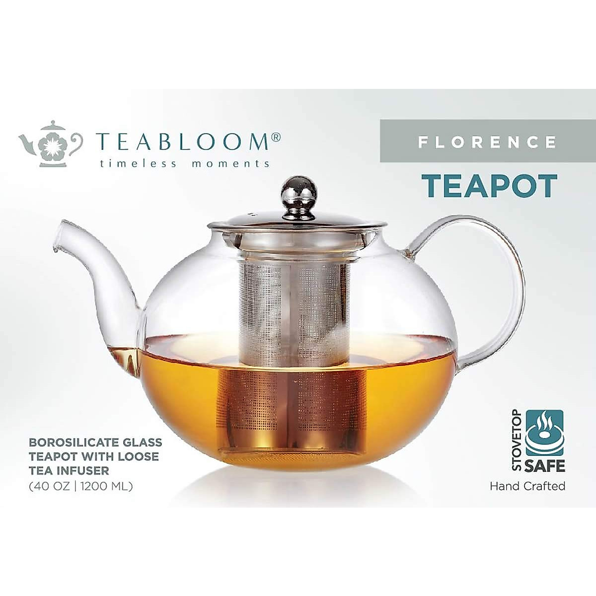 Teabloom Heatproof Glass Teapot with Stainless Steel Infuser – Stovetop Safe Kettle – Florence Tea Maker