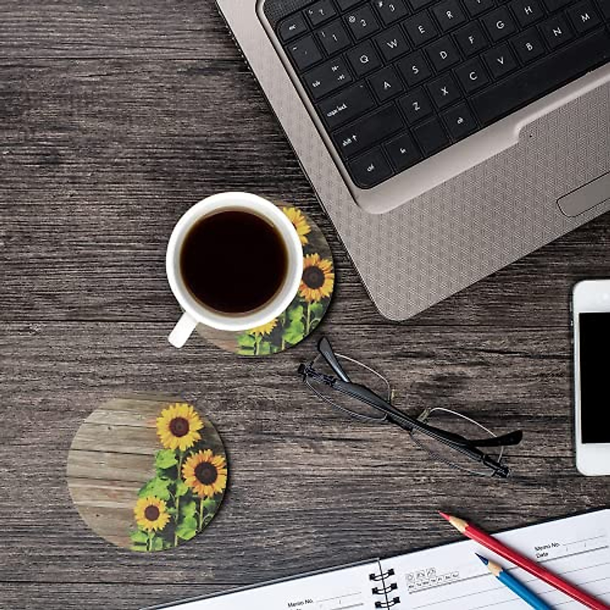 Sunflower Drink Coasters Set of 6 with Holder Absorbent Ceramic Coasters for Wooden Table, Farmhouse Rustic Coasters Cork Base Home Decor House Warming Gift