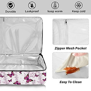 Kcldeci Insulated Thermal Food Carrier Insulated Casserole Carrier for Hot or Cold Food,Small Pink Flowers with Butterflies Insulated Tote Bag for Potluck Cookouts Parties Picnic,Lasagna Lugger