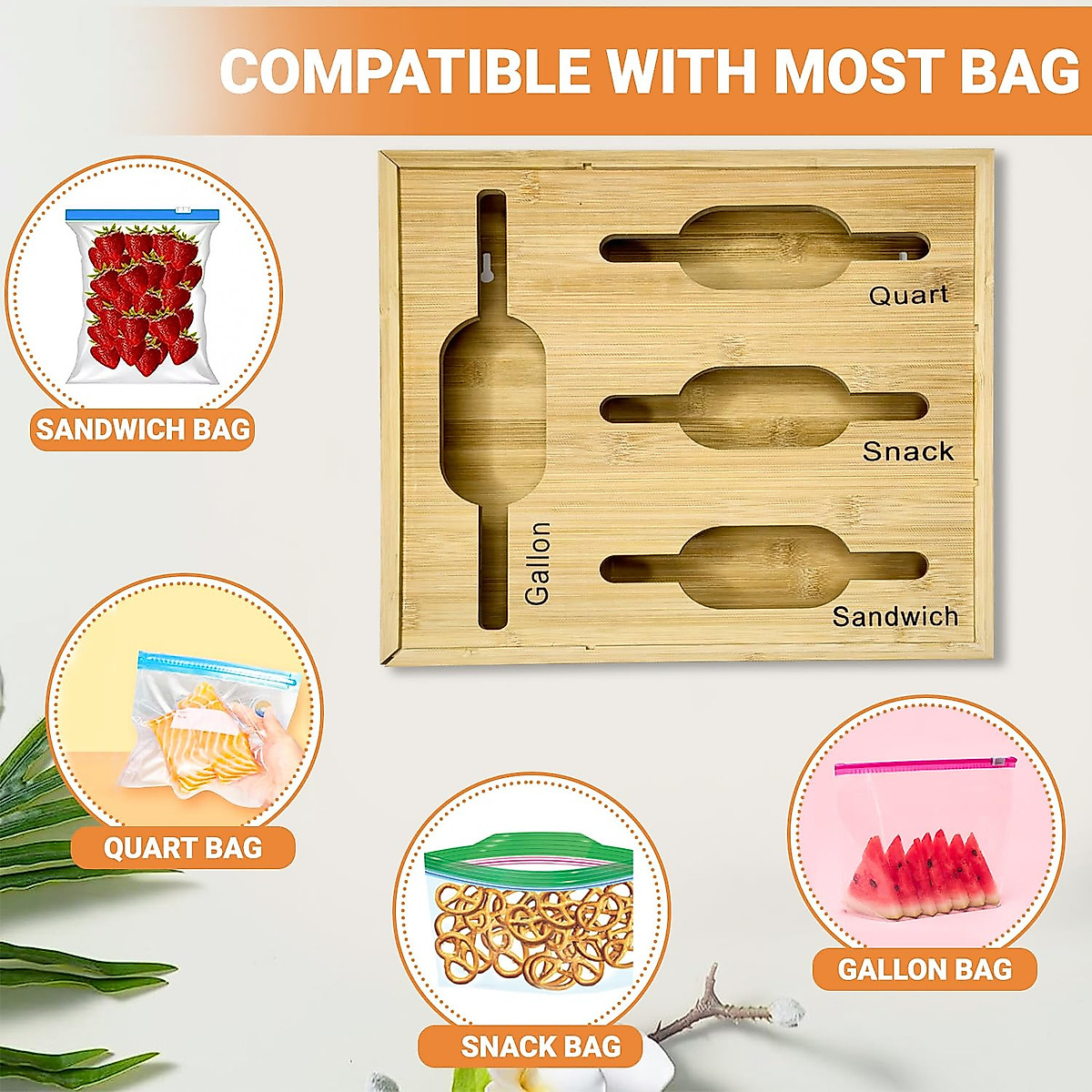 SYLAS LIFESTYLE Bamboo ziplock Bag Organizer – Kitchen drawer organizers and storage for Ziplock bags, Sandwich, Gallon, Quart, and Snack Bags included with a Cleaning Brush