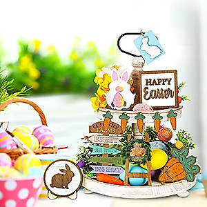 Patelai 12 Pcs Easter Tiered Tray Decor Set Rustic Easter Decorations for Tiered Tray Bunny Farmhouse Tiered Tray Items Easter Egg Rabbits Carrots Wood Sign Happy Easter Decoration for Indoor Home