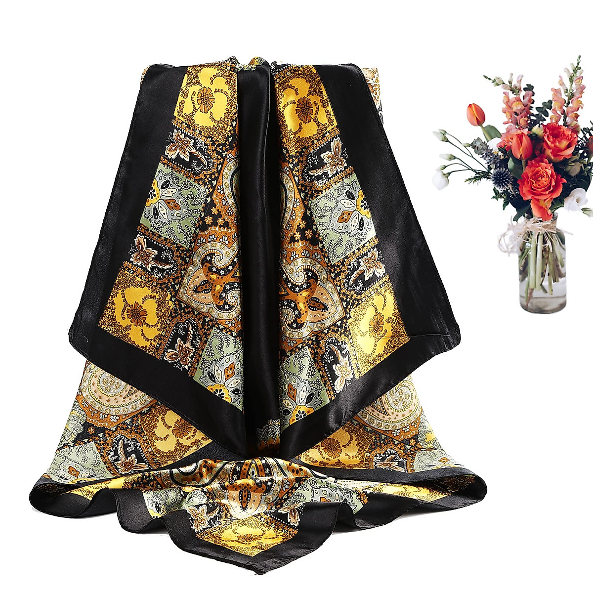 35" Satin Square Hair Scarf Bandanas - 3Pcs Large Silk Head Scarves Lightweight Satin Hair Kerchief Sleeping Hair Wraps for Women (Camel + Black + Beige)