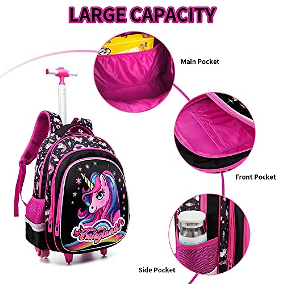 Unicorn Backpacks Trolley Bag Set for Girls, Primary School Bag Wheeled Backpack with Lunch Bag Pencil case Ideal for 1-6 Grade Students