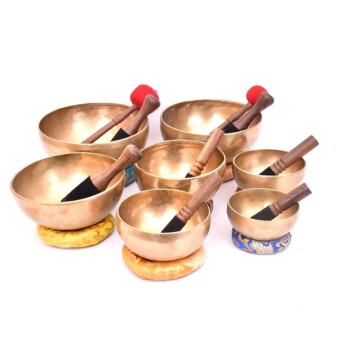 Set of 7 pieces ~ Hand Hammered Yoga Meditation Bowls 5"-10" included 7 Mallets, 7 cushions & 1 drum stick.