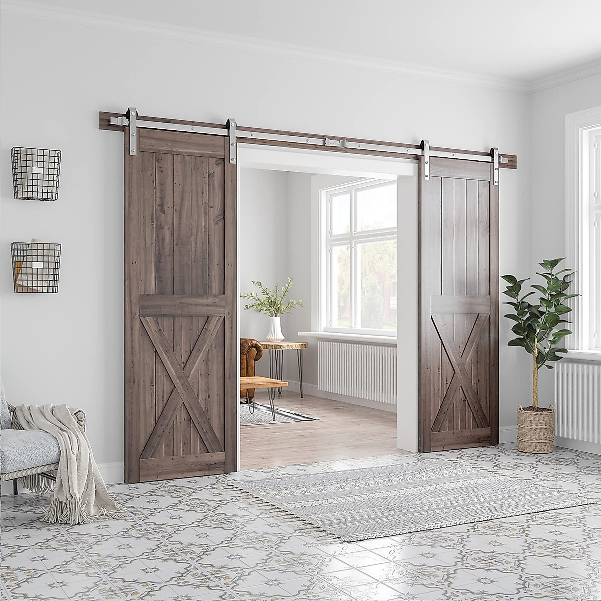 SMARTSTANDARD 10ft Siliding Barn Door Hardware Kit Brushed Nickel Double Door Easy to Install Fit 30" Wide Door Panel (J Shape Hanger)