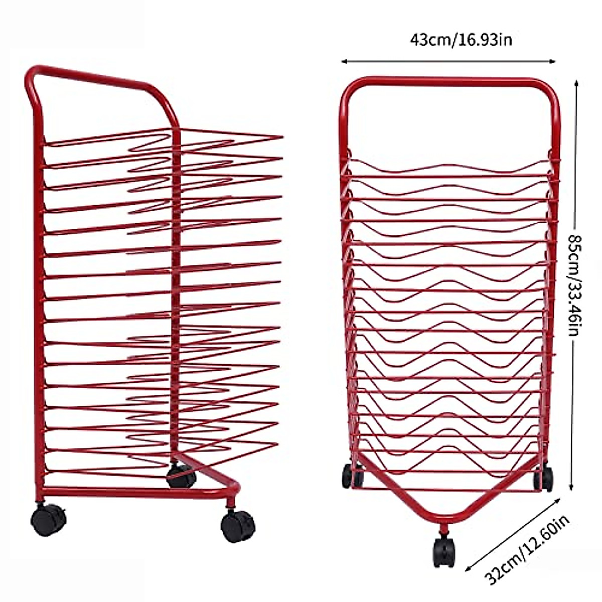 DNYSYSJ Art Drying Rack for Classroom, Paint Drying Rack Art 16 Shelves Metal Artwork Storage Display Rack with Wheels, 16.9x12.6x33.4in (Red)