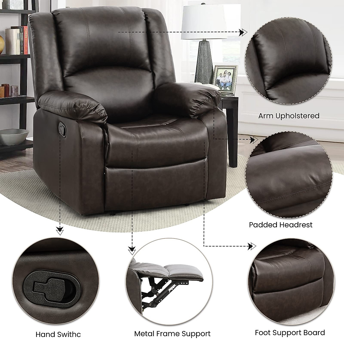 RISAR Oversized Rocker Recliner Chair, Ergonomic Nursery Manual Rocking Armchair Upholstered Thick backrest & Removable armrest Single Sofa Chair for Living Room (Dark Grey)