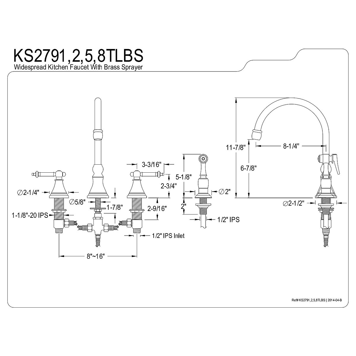 Kingston Brass KS2791TLBS Templeton Widespread Kitchen Faucet, 8-1/4", Polished Chrome