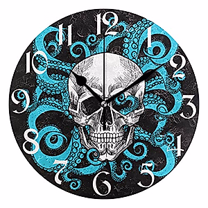 Skull Octopus Wall Clock Non Ticking Silent Desk Round Clocks Battery Operated Dual-use Art 10 Inch Quartz Analog Quiet Clock for Home Bedroom Living Room Decor