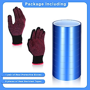 Jeyiour Heat Resistant Gloves and Sublimation Heat Tape, 9 Rolls High Temperature Tape with 1 Pair Gloves for Sublimation Silicone Bump, 10 Piece Set
