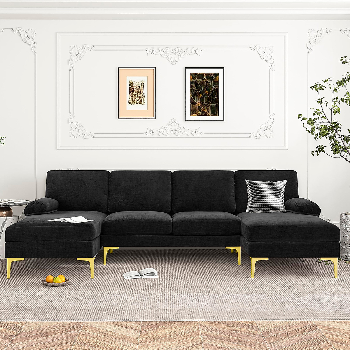 VERYKE U Shape Sectional Sofa Couch,Modern 110'' Chenille Fabric Sectional Couch Sofa, Upholstered Sofa Bed with Golden Metal Legs for Living Room