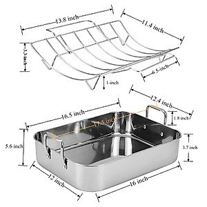 WEZVIX Stainless Steel Roasting Pan with Rack, 16.5 Inch Rectangular Turkey Roaster Lasagna Pan for Roasting Turkey, Chicken, Meat & Vegetables, Non-toxic & Heavy Duty, Easy Clean & Dishwasher Safe