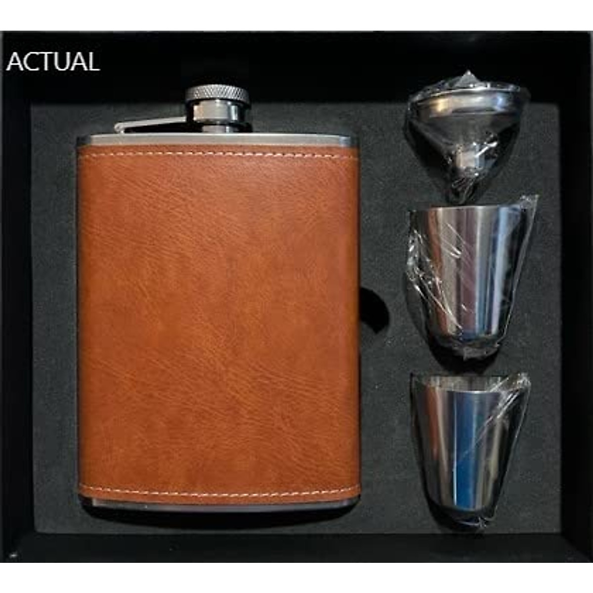 Brown Leather Hip Flask 8 Oz Stainless Steel PU Leather Wrap Flask Gift Set with 2 Cups & Funnel