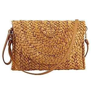 Straw Clutches Beach Bag for Women Summer Crossbody Straw Bag with Bag Strap (Coffee color)