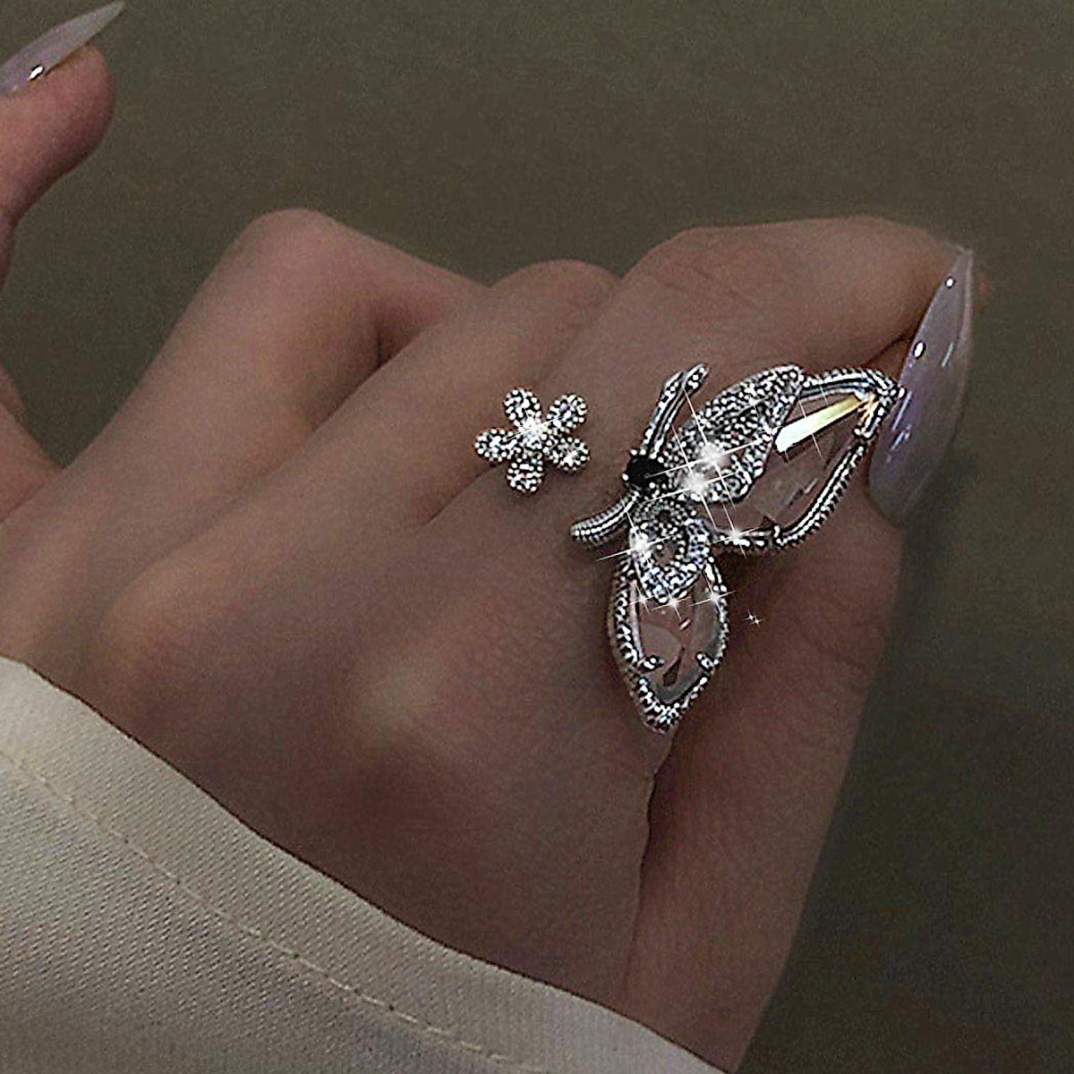 EVILD Rhinestone Butterfly Ring Bow-Knot Knuckle Ring Adjustable Open Ring Expandable Joint Ring for Women (A)
