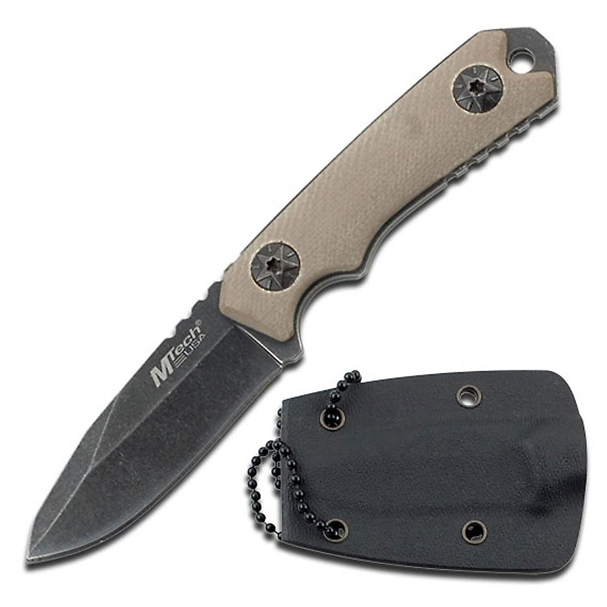 MTech USA – Fixed Blade Knife – Neck Knife – Stonewashed Finish Blade w/ Tan G10 Handle, Full Tang, Kydex Sheath with Ball Chain - Hunting, Camping, Survival, Tactical, EDC – MT-20-30