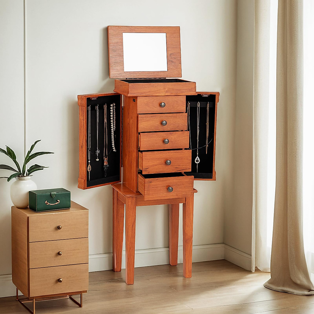 AVAWING Jewelry Cabinet Armoire with Top Flip Makeup Mirror, 5 Drawers&8 Necklace Hooks, Jewelry Storage Organizer with 2 Side Doors, Jewelry Armoire Box Chest with Top Organizer Compartment (Cherry)