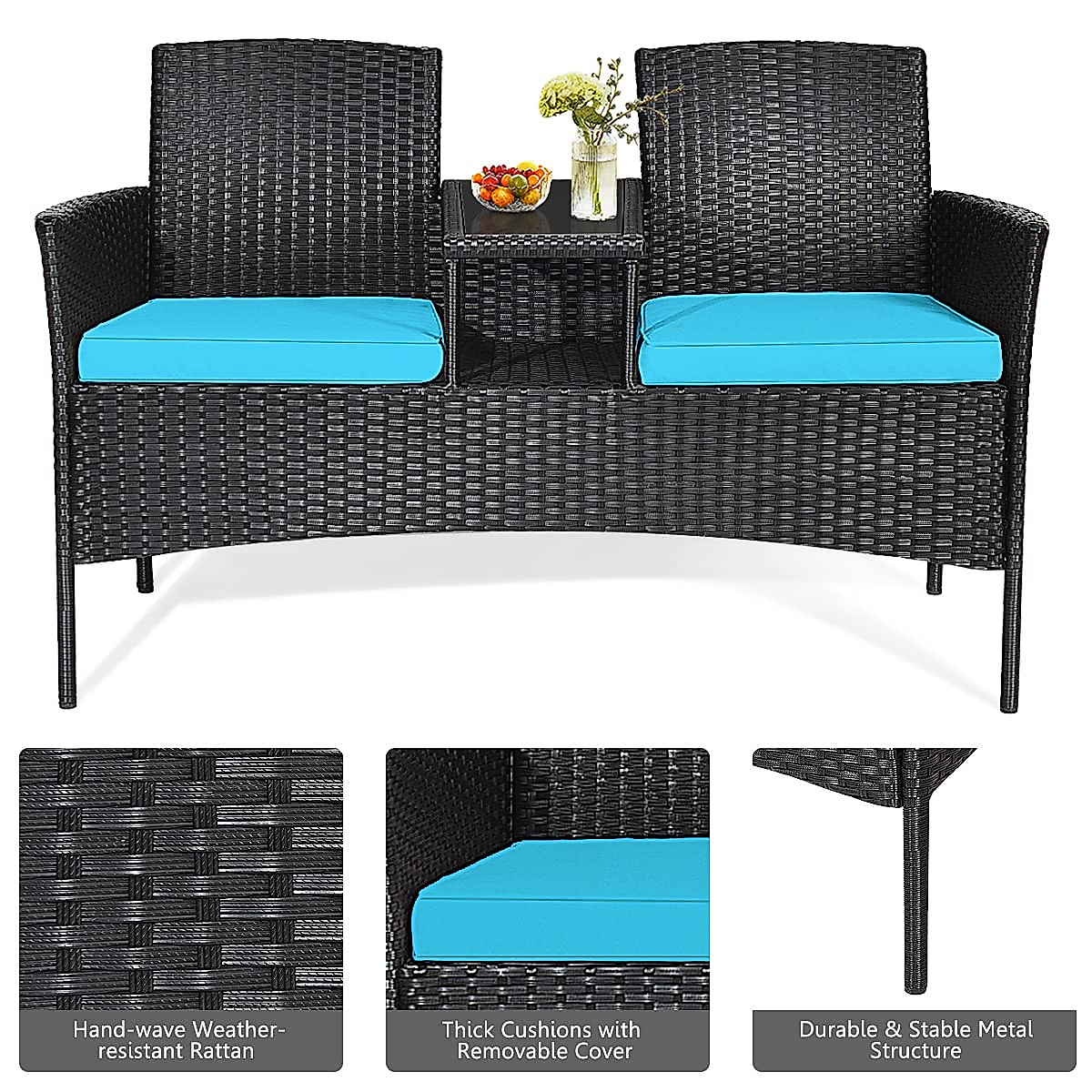 LDAILY Patio Conversation Set, Modern Rattan Loveseat, Outdoor Furniture Set with Removable Cushions & Table, Patio Wicker Sofa Set, Tempered Glass Top, Ideal for Garden Lawn Backyard