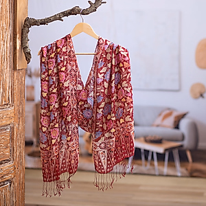 NOVICA Artisan Handmade | 100% Silk Batik Shawl Artisan Wrap Red Shawl | Lightweight Silk Shawl | Handmade Silk Batik Shawl | Travel Silk Shawl | Silk Scarf For Women | Patterned Floral Wine Garden