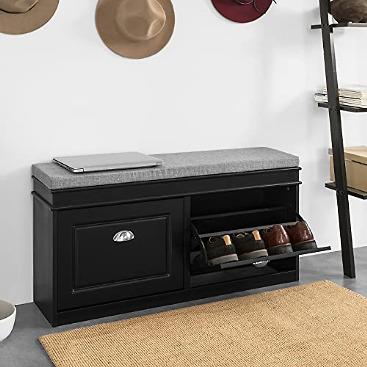 SoBuy Black Storage Shoe Bench with 2 Flip Drawers, Hidden Shoe Bench, Free Standing Shoe Rack, Shoe Cabinet, Hallway Storage Bench with Seat Cushion FSR64-SCH