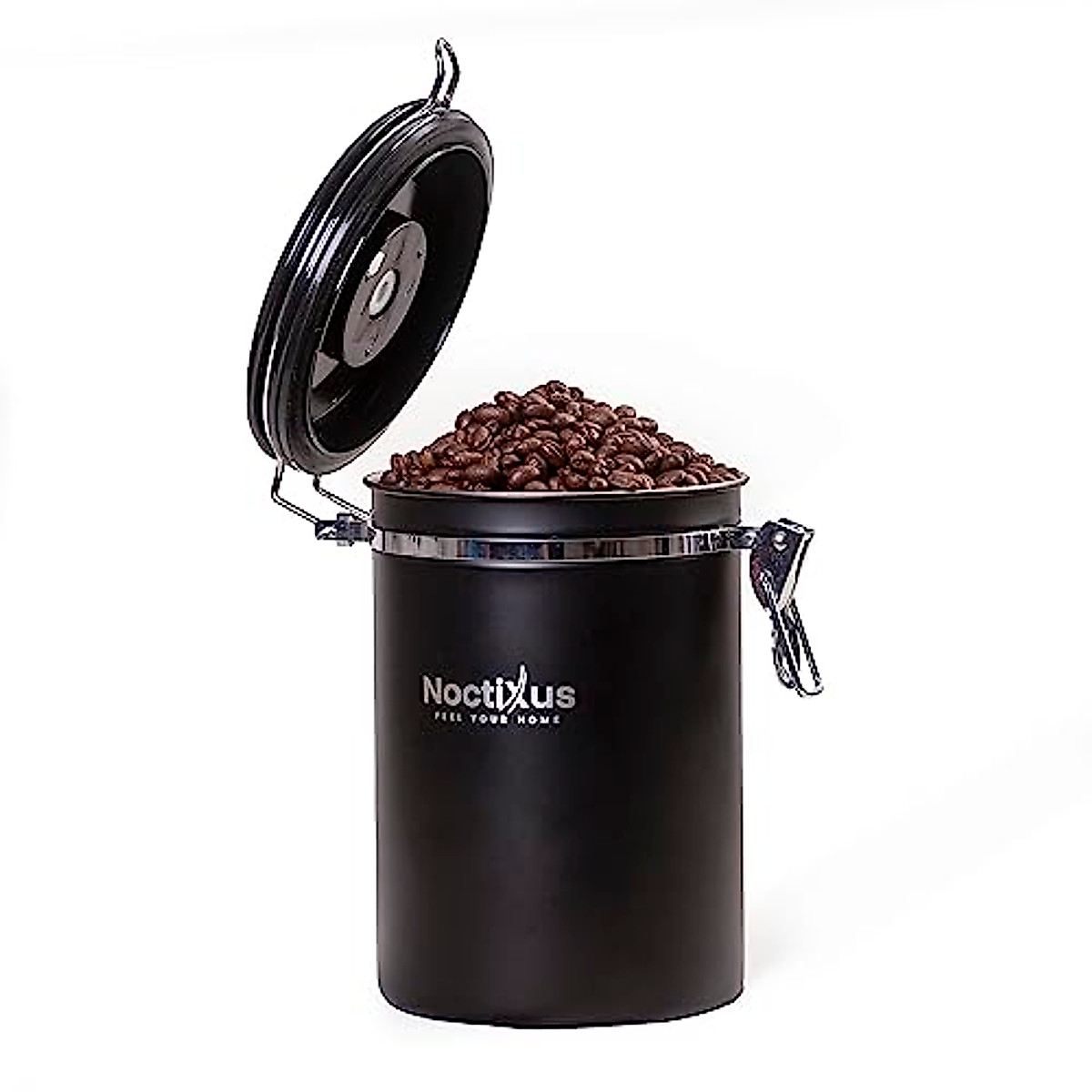 NoctiXus Stainless Steel Coffee Canister/Container for Airtight Food Storage with Date Tracker. Scoop and Release Valves Included. 22 Oz. Black