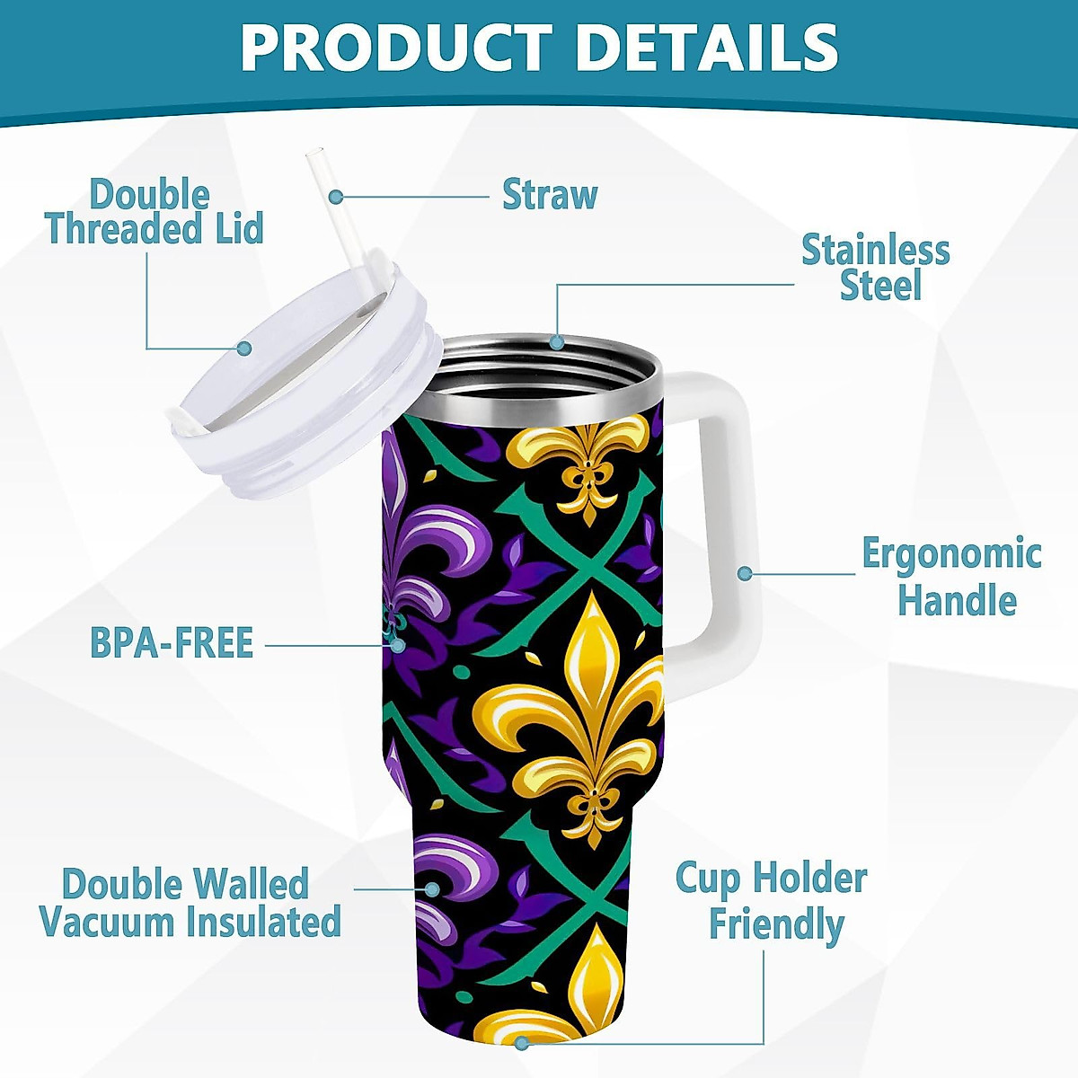 KEEPREAL 30 oz Mardi Gras Tumbler with Handle, Insulated Sports Water Bottle with Lid and Straw, Thermal Stainless Steel Travel Coffee Mug Cup #330