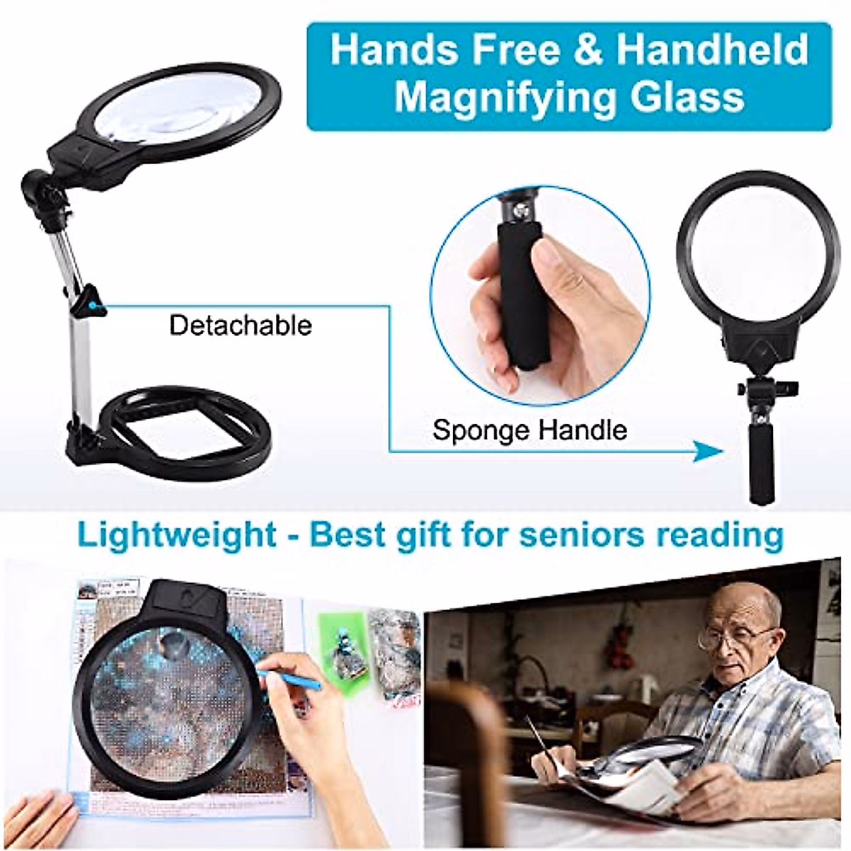 LANCOSC 5.5 Inches 2-in-1 Magnifying Glass with Light and Stand, 2X-6X Large Foldable Handheld Lighted Magnifier for Close Work, Reading, Cross Stitches, Crafts, Needleworks, Embroidery (Black)