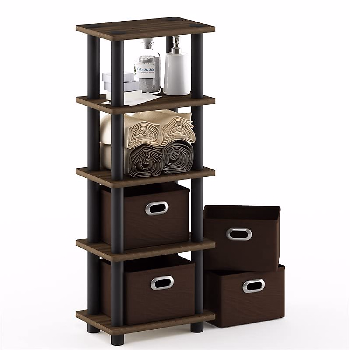 FURINNO Turn-N-Tube 4-Bins System Rack, Columbia Walnut/Black/Dark Brown