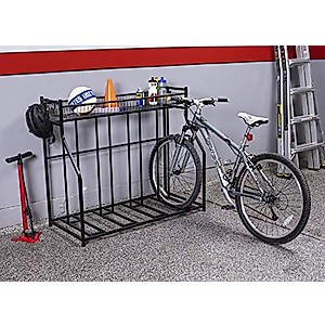 4 Bike Stand Rack with Storage – Great for Parking Road, Mountain, Hybrid or Kids Bikes – Garage Organizer - Helmet - Sports Storage Station - Black