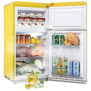WANAI Compact Mini Refrigerator 3.2 Cu.Ft Small Refrigerator with Freezer, Retro Mini Fridge with Dual Door,7 Adjustable Thermostat, Adjustable Shelves For Dorm, Office Bedroom, Yellow