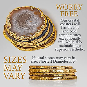Natural Agate Coaster Set - Geode Coaster Set - 100% Natural Agate Crystal Coasters - Elegant Gold Rimmed Agate Coasters - Set of 4 - Natural Agate Colors - No Dyes Or Artificial Colors