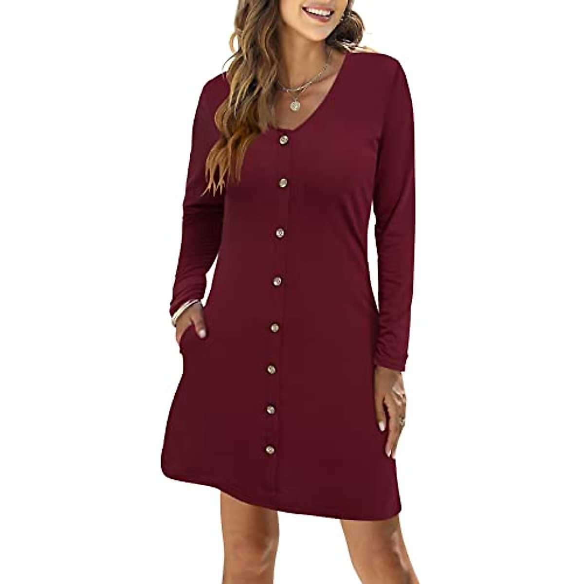 SOLERSUN Tunic Dresses with Pockets for Women, Women's Casual T-Shirt Dresses Long Sleeve Stripe Tunic Loose Swing Autumn Dress with Pockets Wine red L