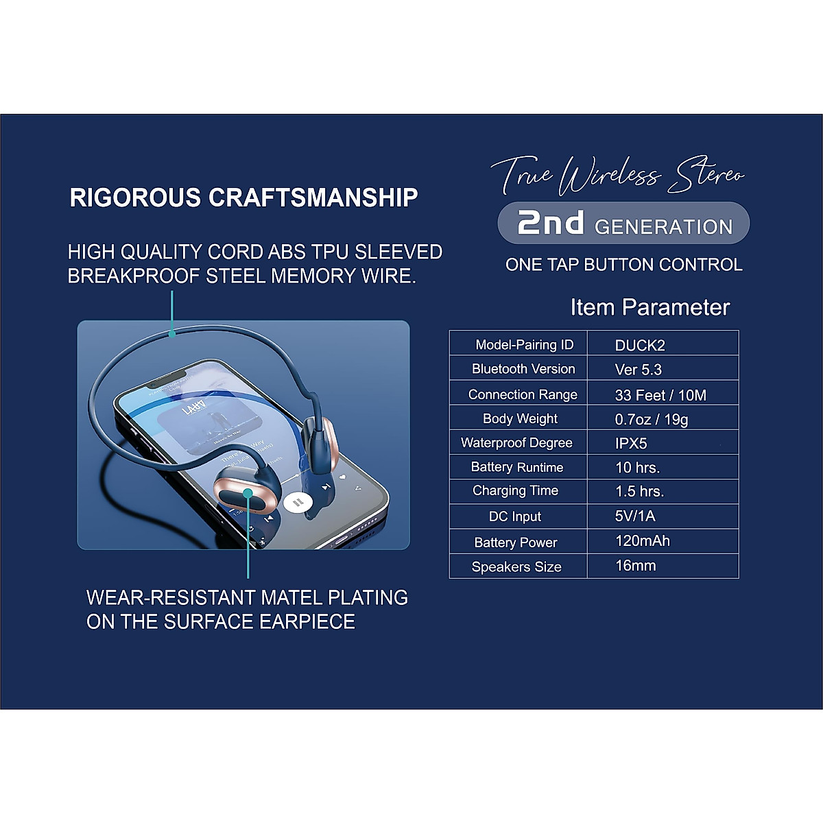 Open Ear Headphone TWS True Wireless Stereo Over-The-Ear Sport Headphone DUCK2 Air Conduction Earphone Blind-Touch-Control Technology (Black/Nickel)