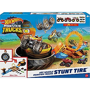 Hot Wheels Monster Trucks Stunt Tire Playset With 3 Toy Monster Trucks & 4 Hot Wheels Toy Cars in 1:64 Scale [Amazon Exclusive]