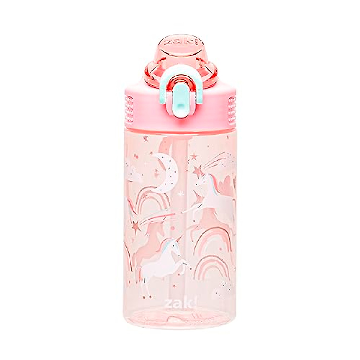 Zak Designs Sage Water Bottle For School or Travel, 16oz Durable Plastic Water Bottle With Straw, Handle, and Leak-Proof, Pop-Up Spout Cover (Fanciful Unicorn)