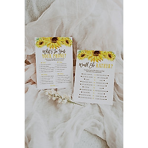 Your Main Event Prints Sunflower Bridal Shower Bachelorette Games - He Said She Said, Find The Guest Quest, Would She Rather, Phone Game - 25 Games Each, Printed Front and Back, 1 Game Per Side