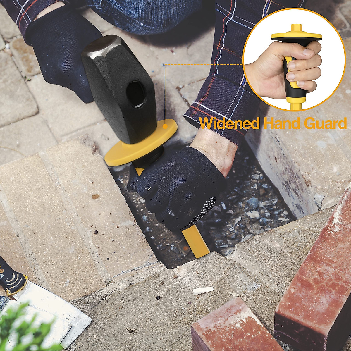 KURUI 3lb Sledge Hammer & Flat Chisel with Hand Protection for Tile/Rock/Masonry/Concrete/Brick/rockhounding, Mason Flat Head Chisel & Small Drilling Hammer with Anti-Slip Handle