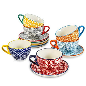 KitchenTour Espresso Cups and Saucers set, 6-pack,7oz - Cappuccino Cups with handle set of 6 - Teacup for Tea Party Bohemia style