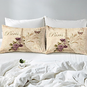 Eiffel Tower Bedding Set,Purple Rose Duvet Cover for Kids Teens Boys Girls,Romantic Paris Comforter Cover Decorative Room,Retro Style Quilt Cover with 2 Pillowcases,King Size