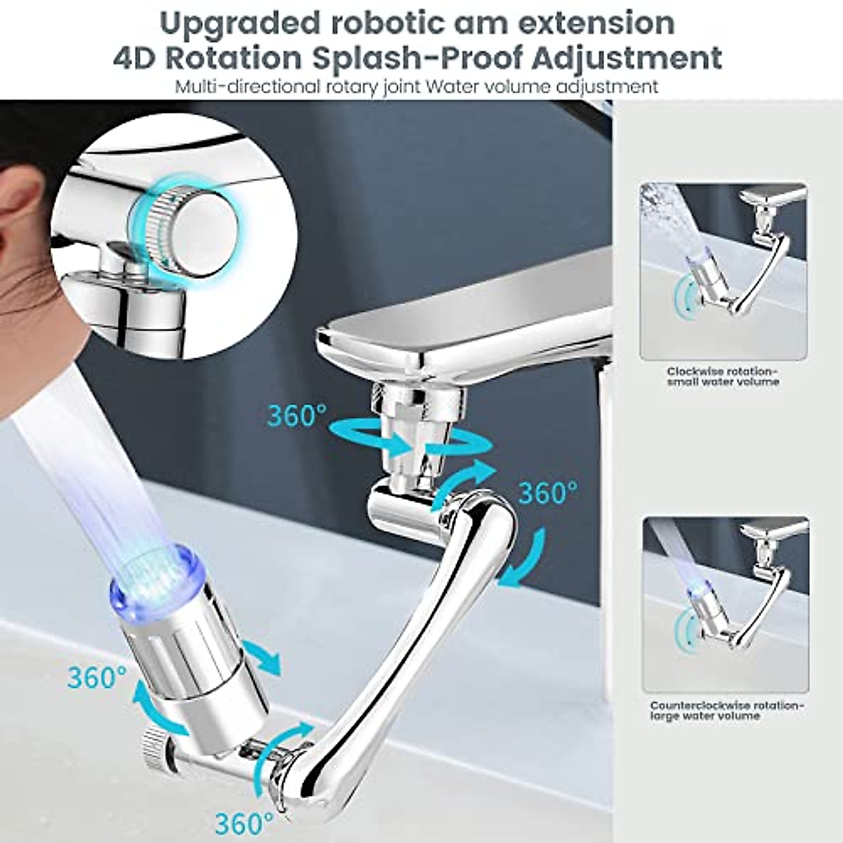 Faucet Extender, 1440° Rotating Faucet Extender for Bathroom Sink with 3 Mode LED Light, Universal Robotic Arm Swivel Faucet Aerator attachment with Adjustable Knobs Splash Filter Kitchen Tap