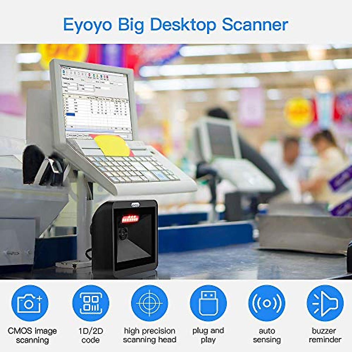 Eyoyo Hands-Free 2D QR Barcode Scanner, Omnidirectional Desktop Automatic 1D Barcode Reader Big Scan Window to Read PDF417 on ID Card, Driver's License, Passport for Supermarket Library Retail Store