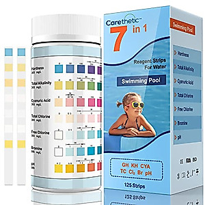 Pool Test Strips - 7 in 1 Pool Test Kit - 125 Counts Spa and Hot Tub Test Strips for Total Hardness, Bromine, pH, Chlorine, Total Alkalinity, Cyanuric Acid - Quick and Accurate by Carethetic