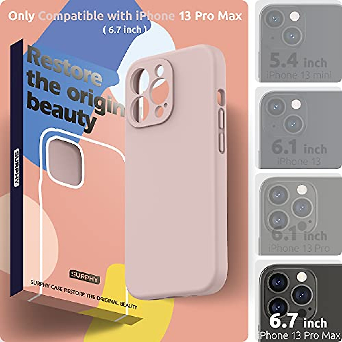 SURPHY Compatible with iPhone 13 Pro Max Case with Screen Protector, (Camera Protection + Soft Microfiber Lining) Liquid Silicone Phone Case 6.7 inch 2021, Pink Sand